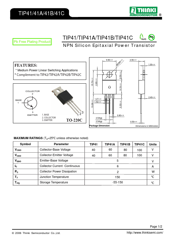 TIP41C, TIP41 NPN Silicon Epitaxial Power Transistor (Thinki Semiconductor)