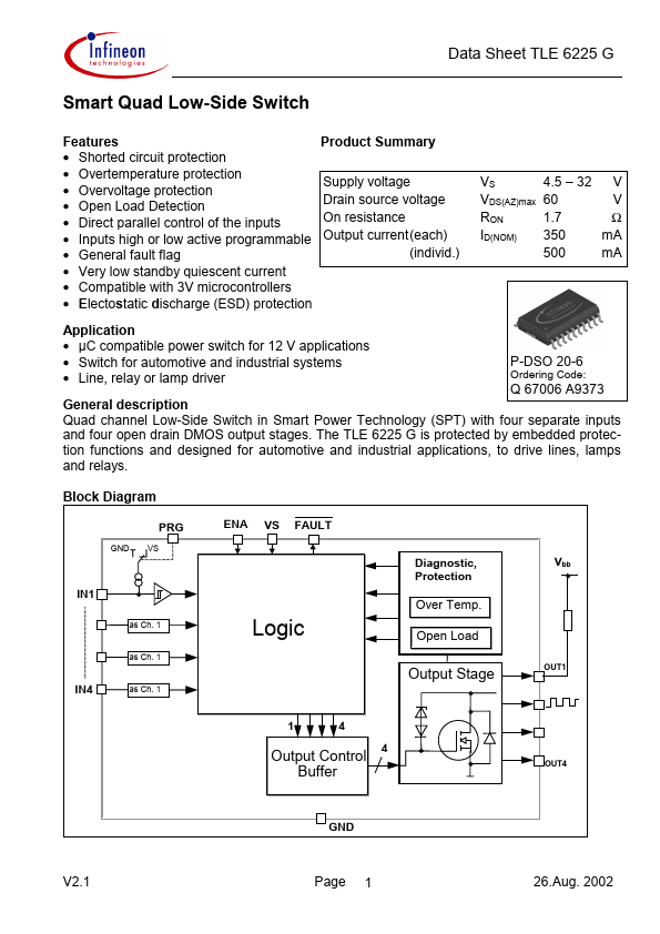 TLE6225G Datasheet PDF (Smart Quad Low-Side Switch) | Download Infineon ...