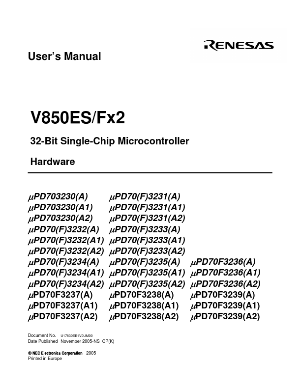 UPD70F3234 Datasheet PDF (32-Bit Single-Chip Microcontroller ...