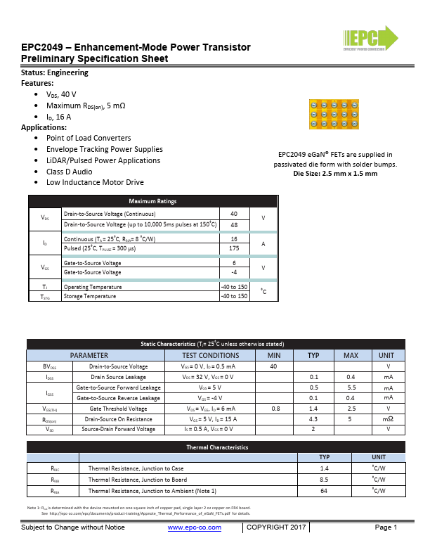 EPC2049 Power Transistor (EPC)