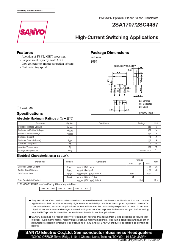 2SC4487 datasheet, transistors equivalent, Sanyo Semicon Device