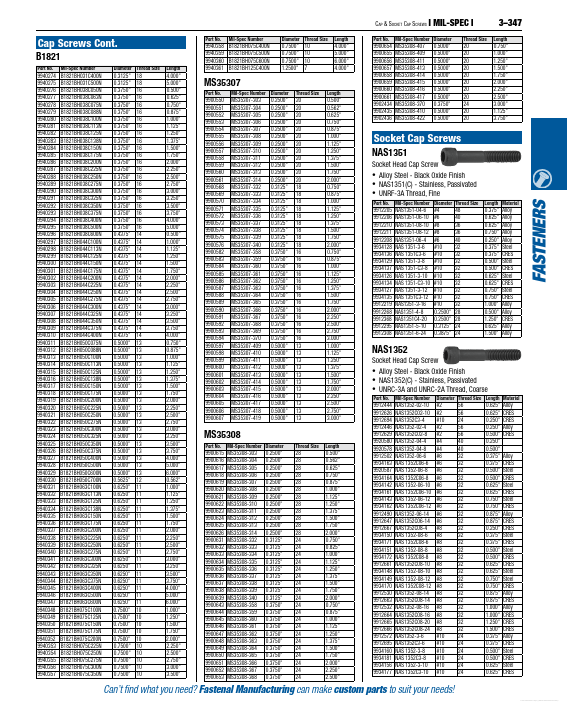 MS35308-305 Datasheet PDF (Cap Screws Cont) | Download Fastenal MS35308-305